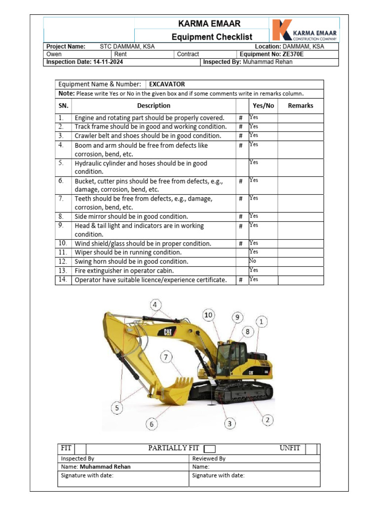 Equipment Inspection Checklist for Excavator | PDF