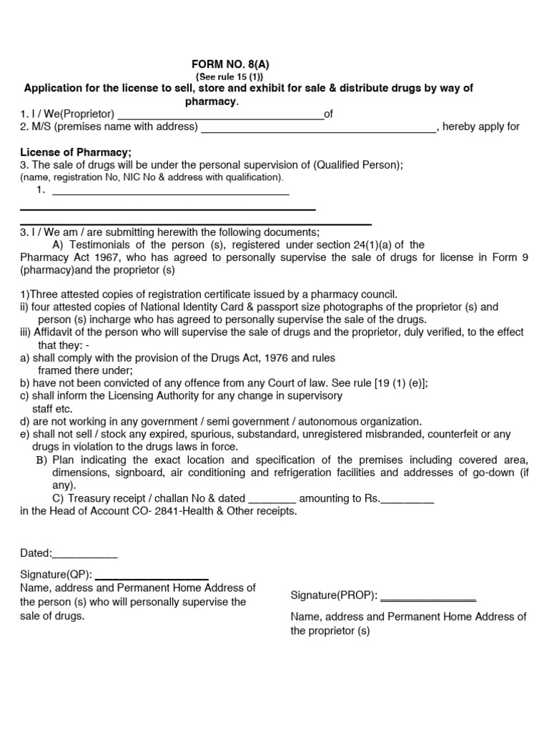FORM NO 8-A (Pharmacy) | PDF | Identity Document