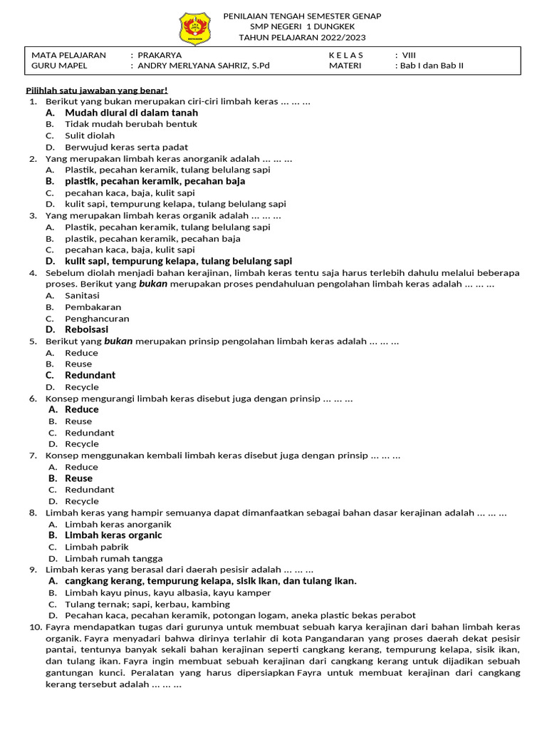 Soal PTS Genap Prakarya Kelas 8 | PDF