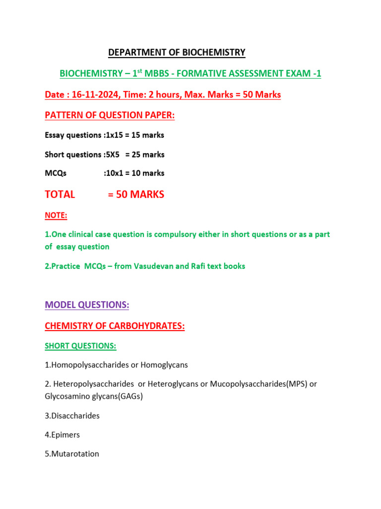 Biochemistry Model Questions For Formative Assessment - 1 (16!11!24 ...