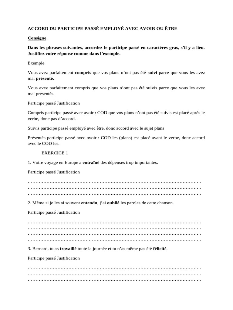 Exercices sur l'accord du participe passé | PDF