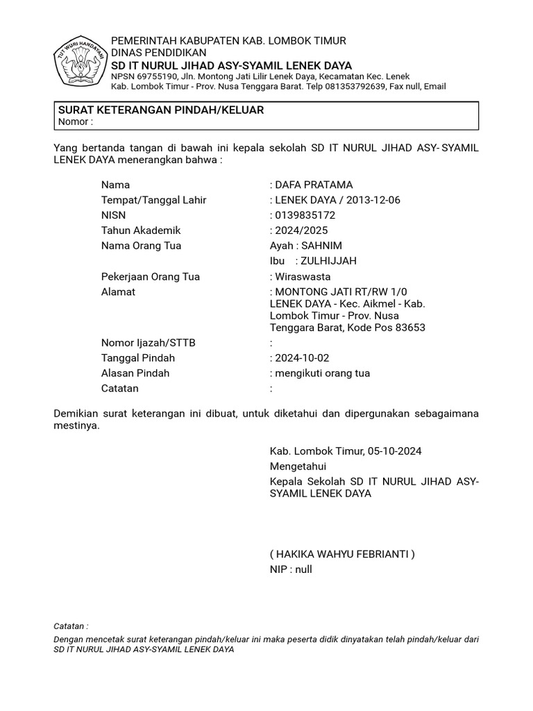 Surat Mutasi Dafa Pratama - 080845 | PDF
