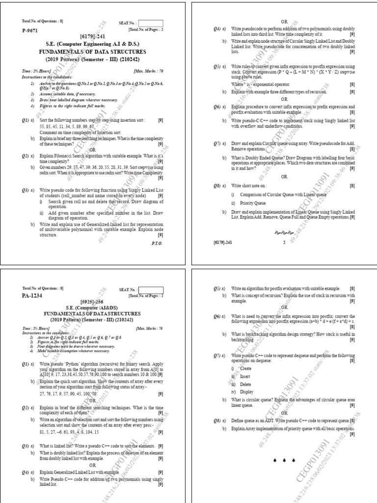 Fundamentals of Data Structures Exam Questions | PDF | Queue (Abstract Data Type) | Time Complexity