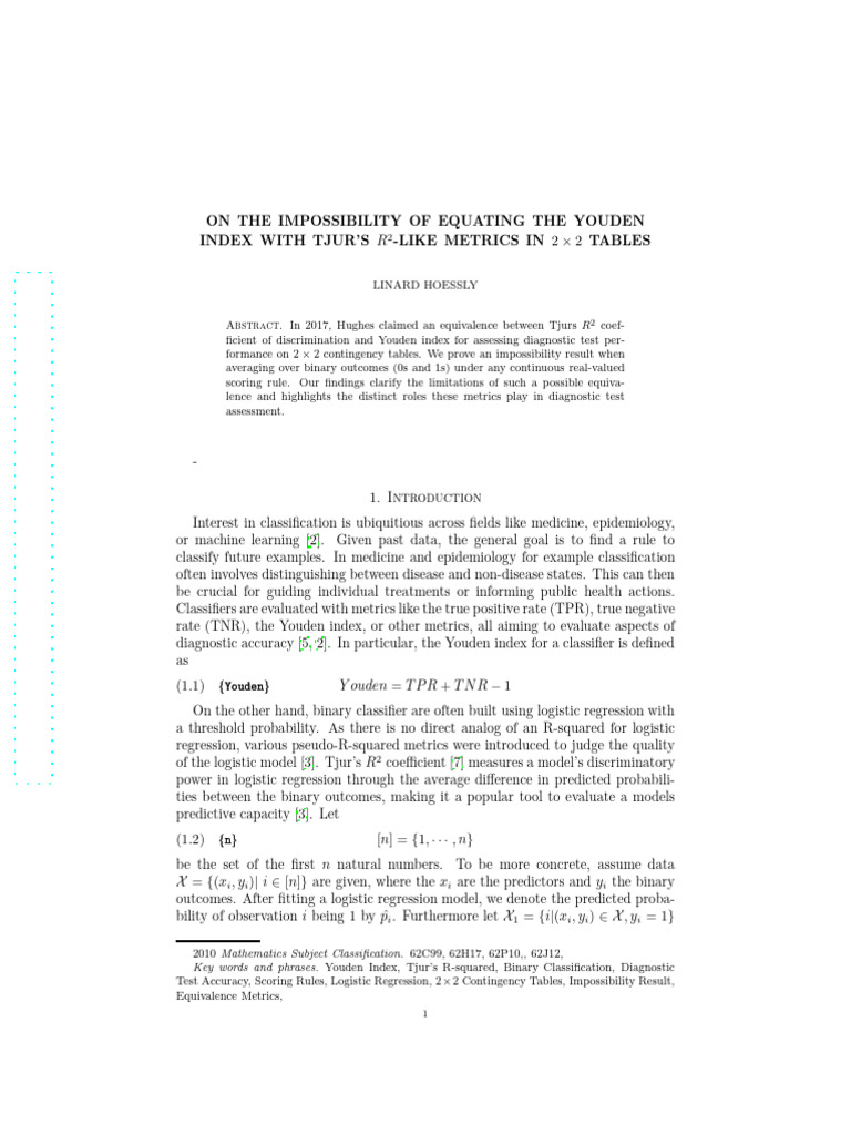 On The Impossibility of Equating The Youden Index With Tjur'S - Like Metrics in Tables | PDF ...