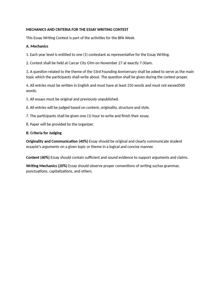 Mechanics and Criteria For The Essay Writing Contest | PDF | Art