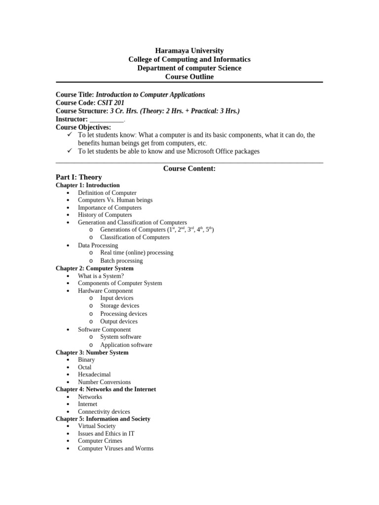 Course Out Line | PDF | Microsoft Excel | Microsoft Word