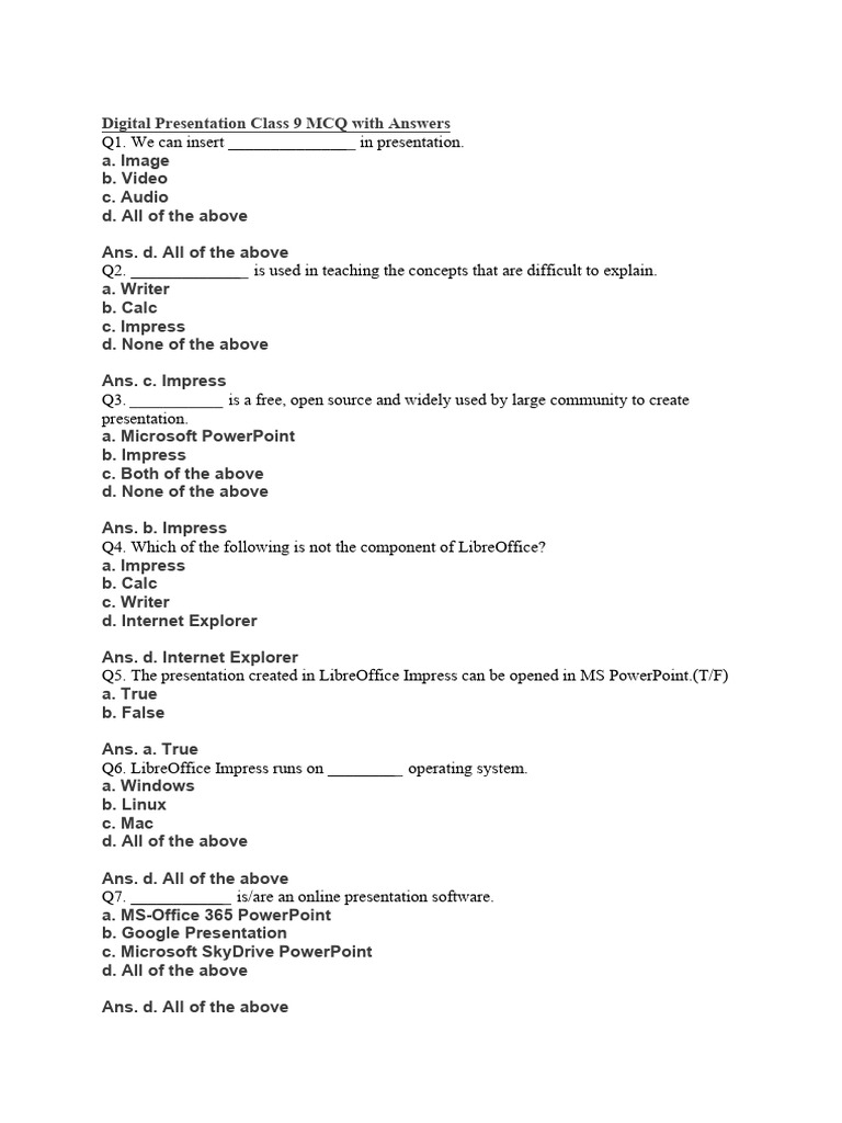 CH 5 Digital Presentation MCQ Important | PDF | Window (Computing ...