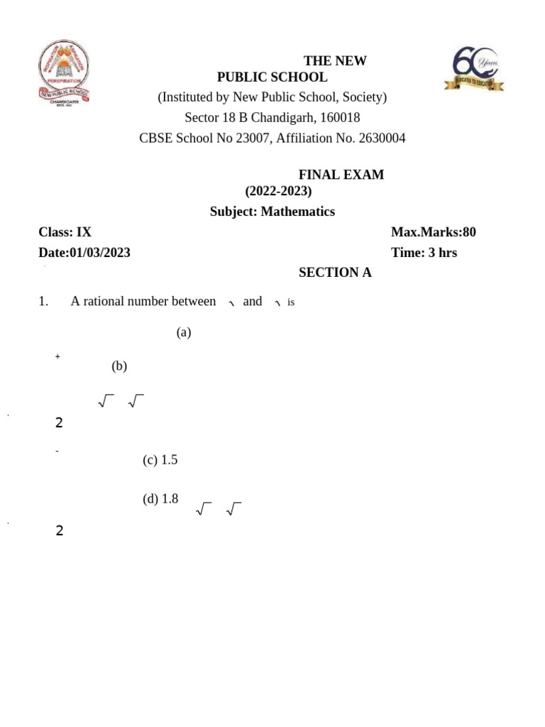 Paper Class 9th Math Final 2023 | PDF | Area | Elementary Geometry