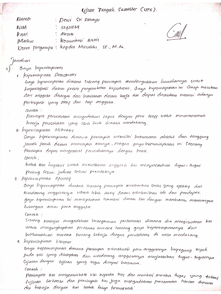 UTS - Komunikasi Bisnis - DEWI SRI.R - 32421034 - AK21B | PDF