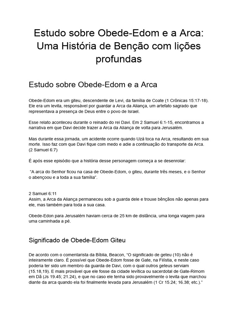 Estudo Sobre Obede-Edom e A Arca - Uma História de Benção Com Lições ...