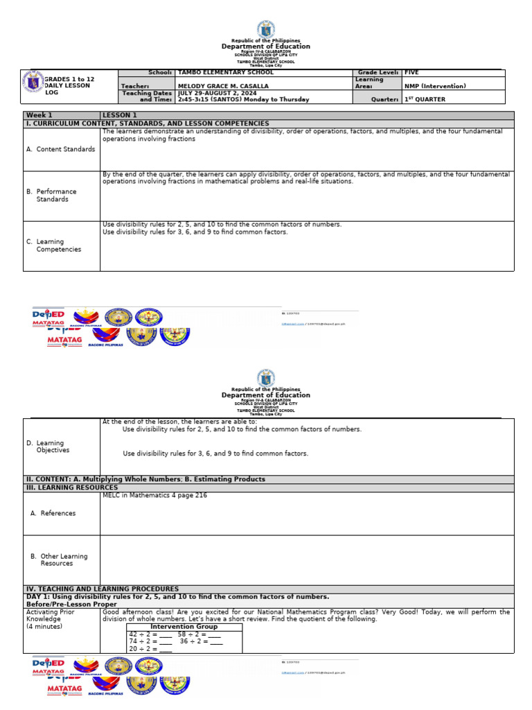 NMP Grade 5 Week 1 Lesson Plan | PDF | Multiplication | Cognition