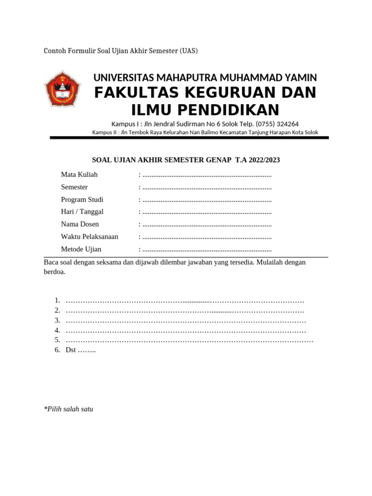 Contoh Formulir Soal Ujian Akhir Semester | PDF