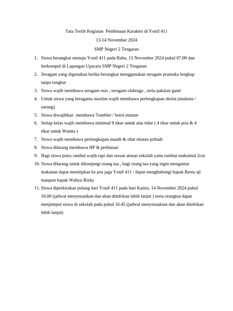 Tata Tertib Kegiatan Pembinaan Karakter Di Yonif 411 | PDF