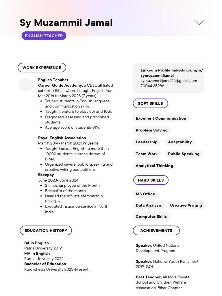 Yasser Muzammil: English Teacher Profile | PDF