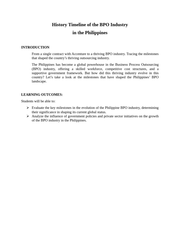 Philippine BPO Industry History Timeline | PDF | Outsourcing | Business ...