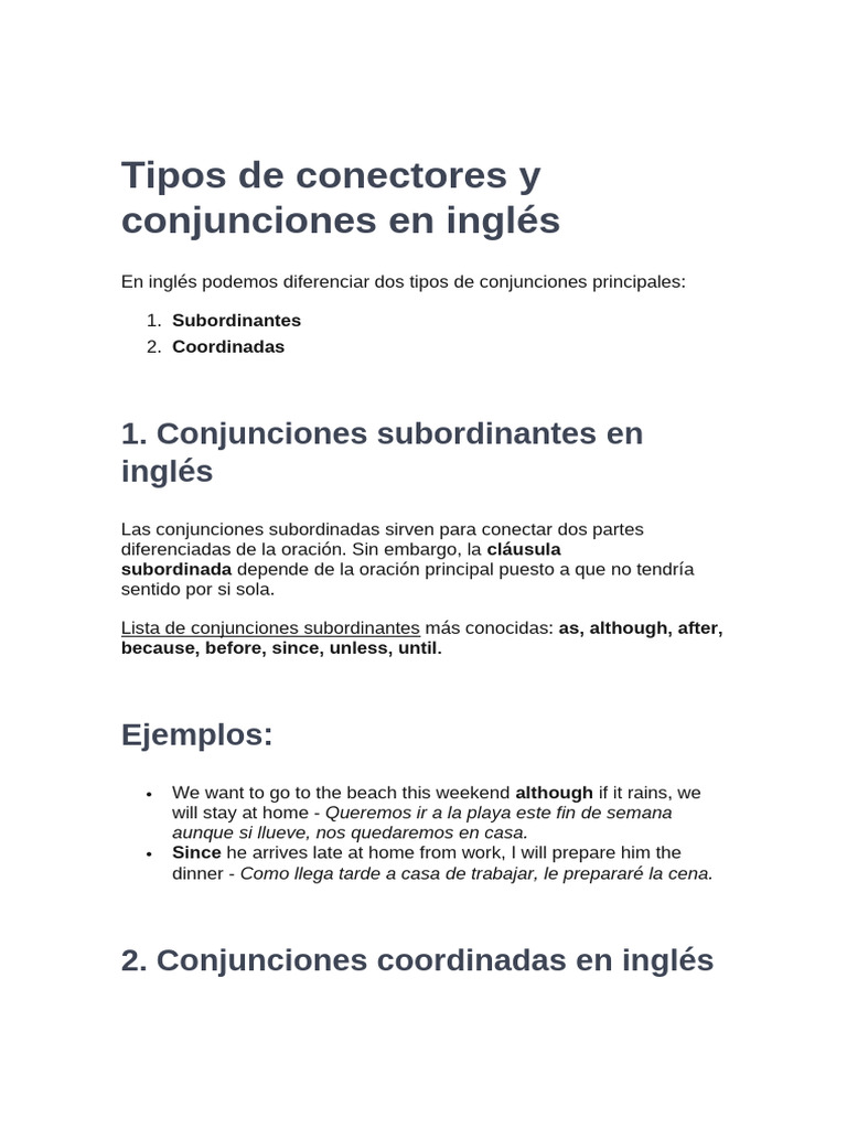 Tipos de Conectores y Conjunciones en Inglé1 | PDF | Sintaxis ...