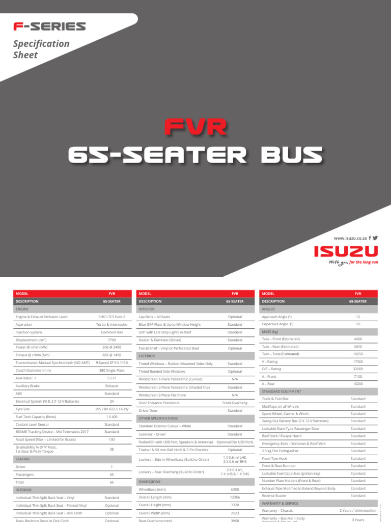 Isuzu FVR 65-Seater Bus Specifications | PDF | Automotive Industry | Car