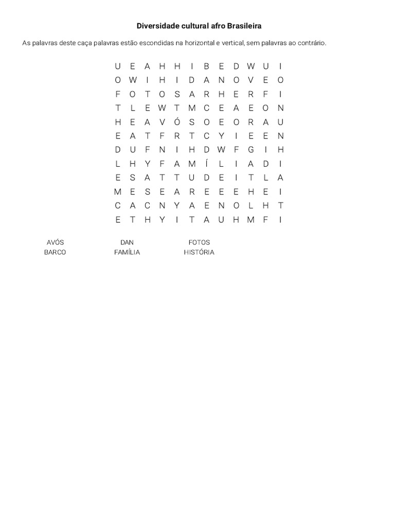 Diversidade Cultural Afro Brasileira - Imprimir Caça Palavras | PDF