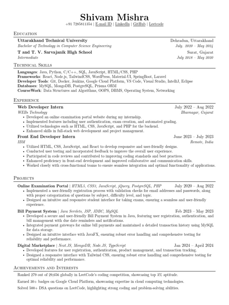 Shivam S Resume | PDF | Java Script | Databases