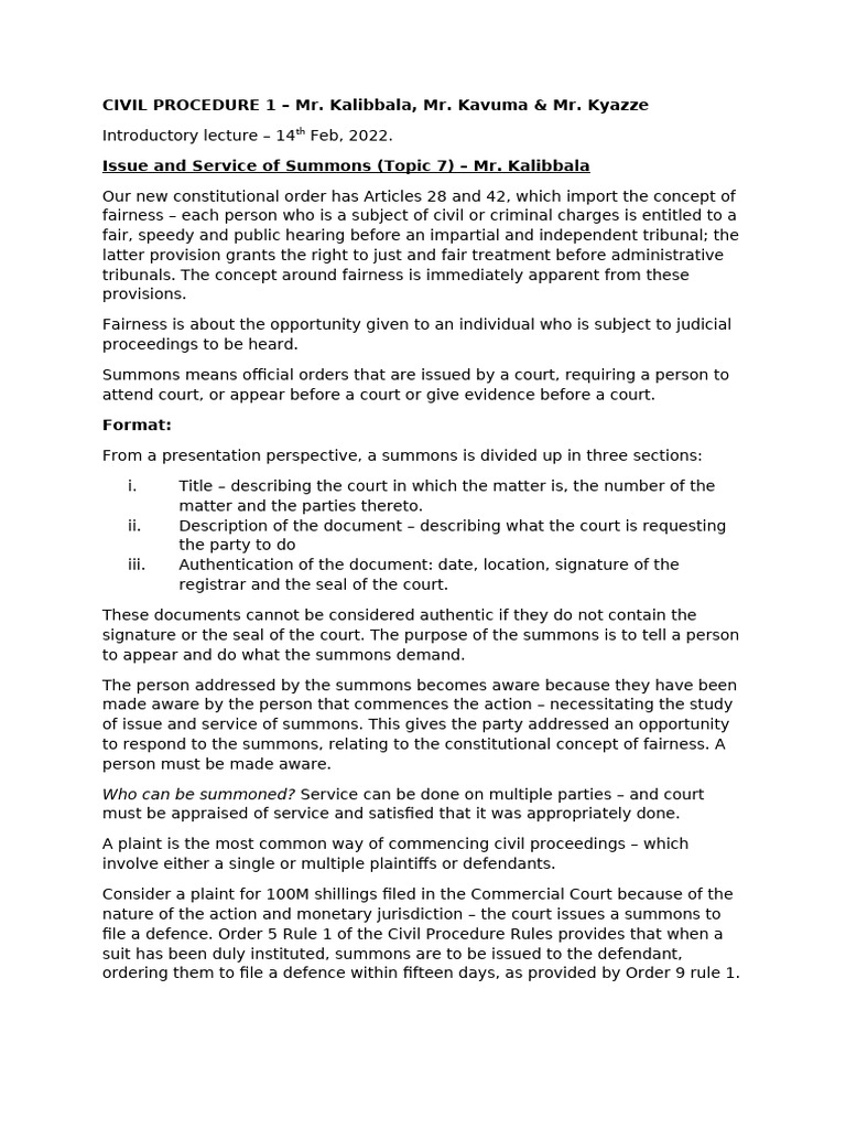 Civil Procedure 1 | PDF | Lawsuit | Summons