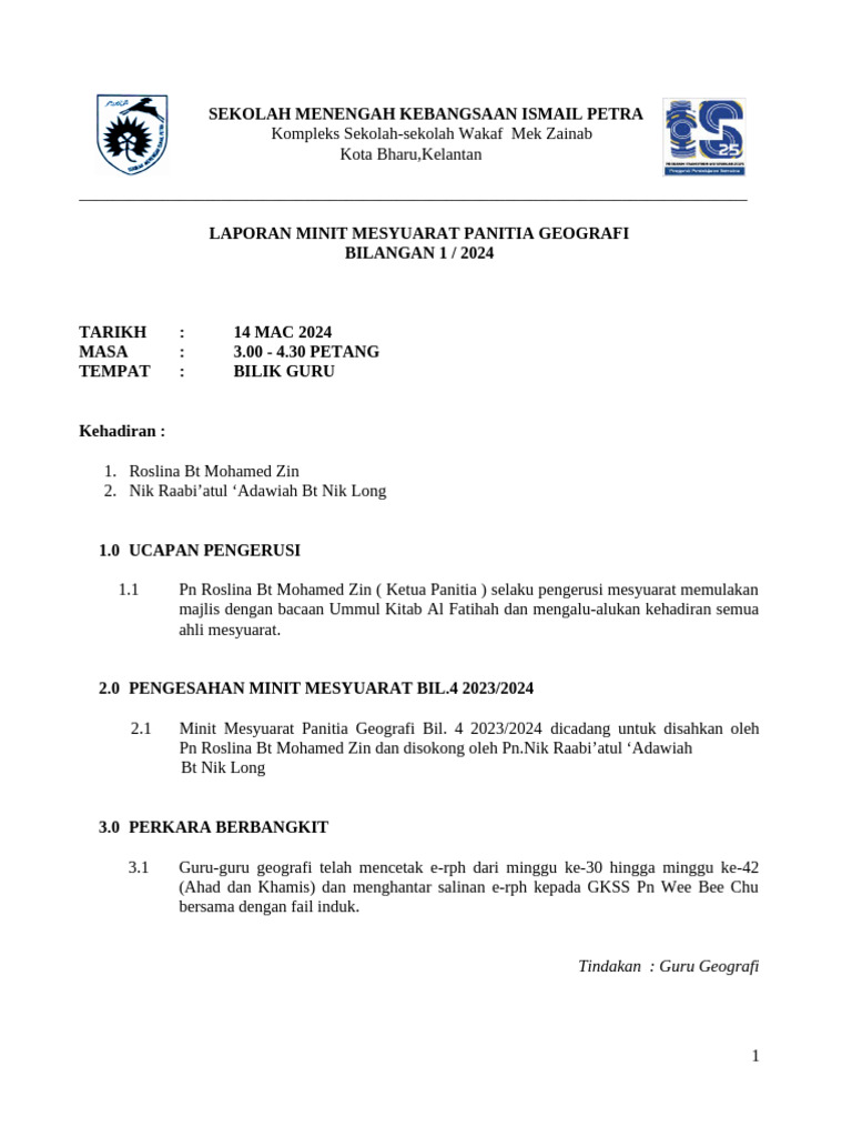 Minit Mesyuarat Panitia Geografi Bil 1 2024 | PDF