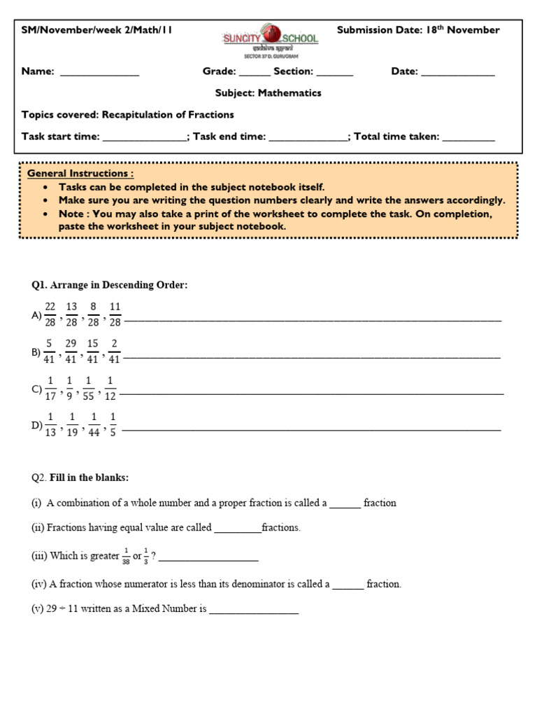 Grade V - Fractions (Revision Practice) - Math - November (Week 2 ...