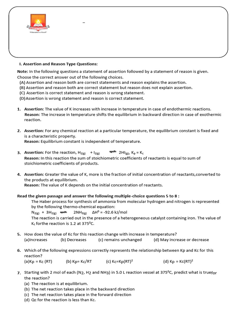 Equilibrium Worksheet 2024 25 | PDF | Chemical Equilibrium | Chemical ...