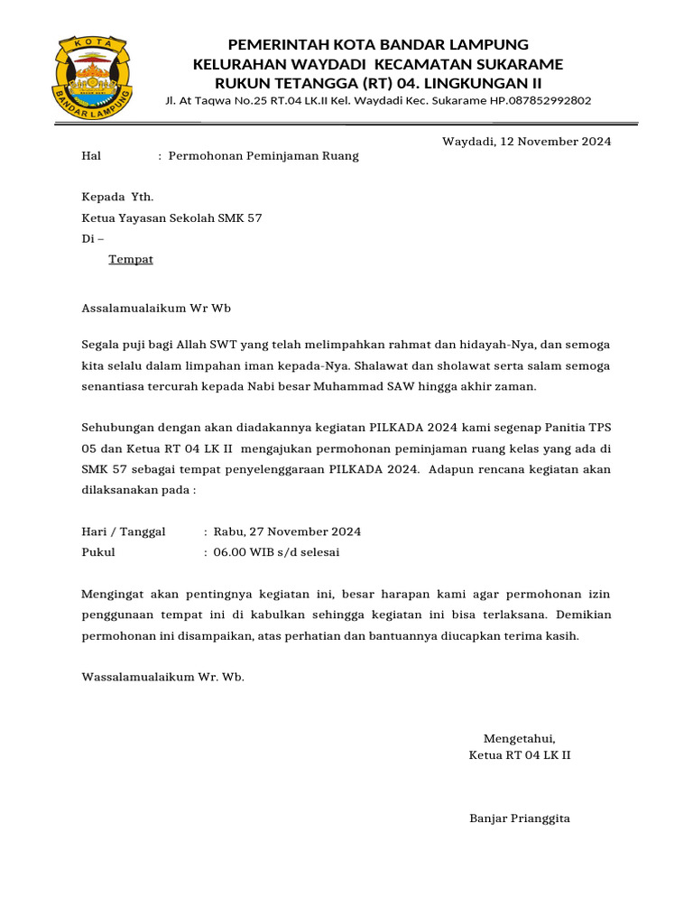 Contoh Surat Permohonan Peminjaman Ruang | PDF