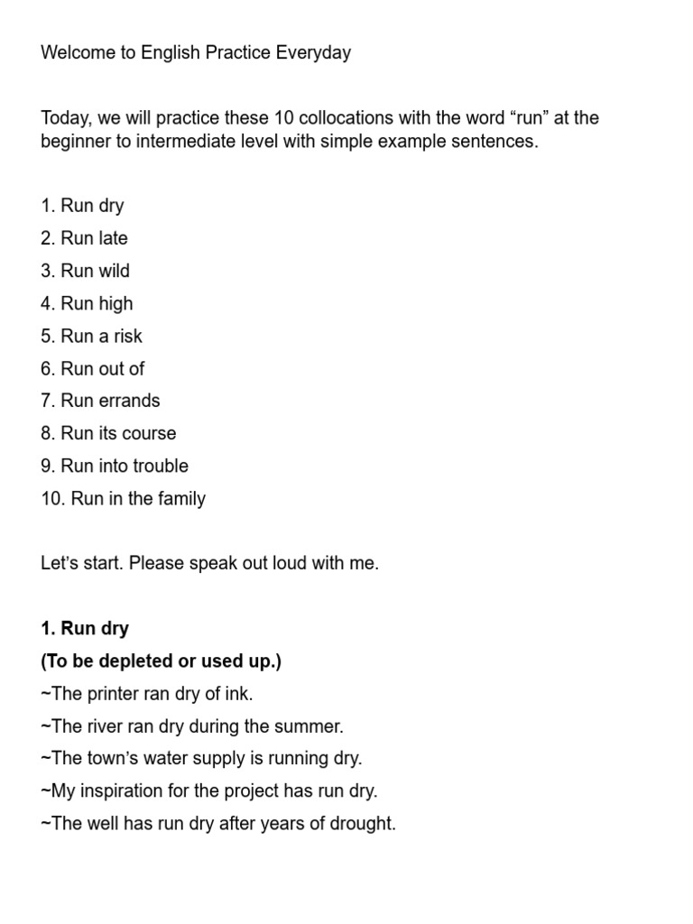 Collocations Practice - Run | PDF