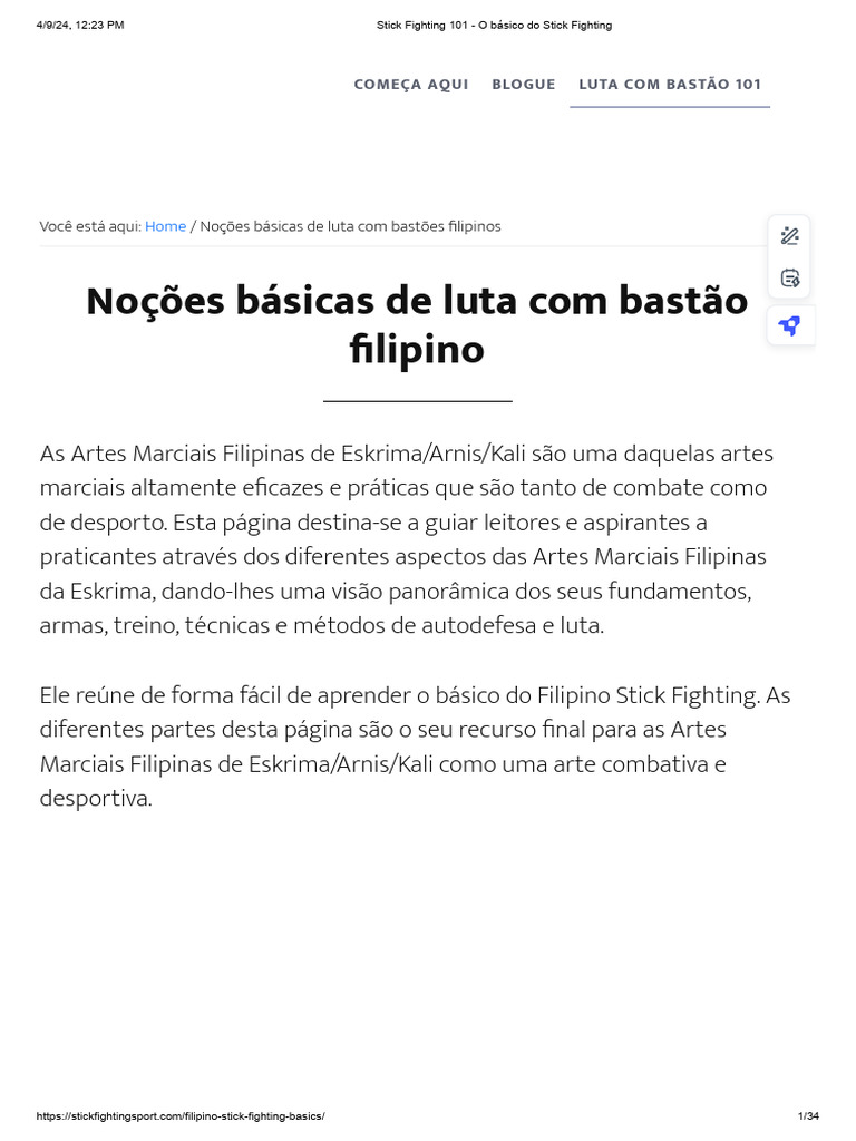 Introdução ao Stick Fighting Filipino | PDF | Defesa pessoal | Armas Melee
