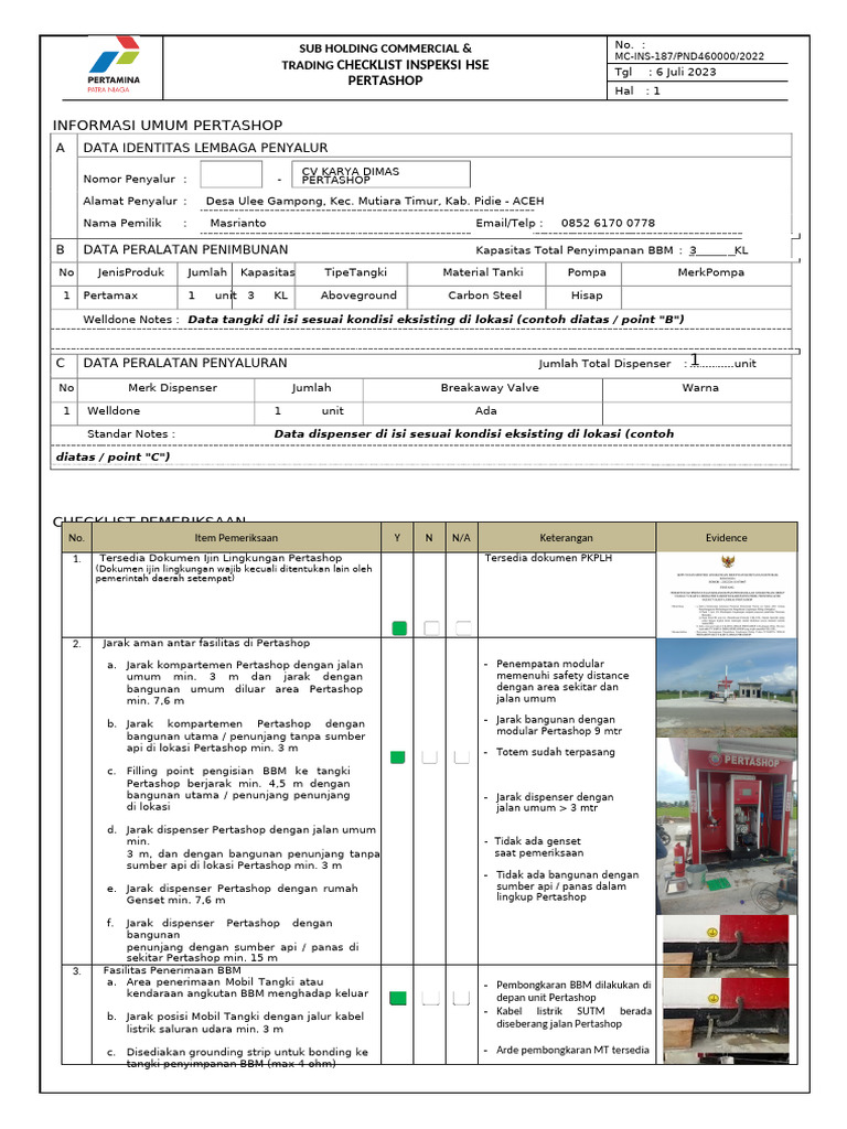 Pertashop Desa Alue Lada, Kec. Batee, Kab. Pidie (CV Ziyad Pertashop Pertamina) 20 Apr 22 | PDF