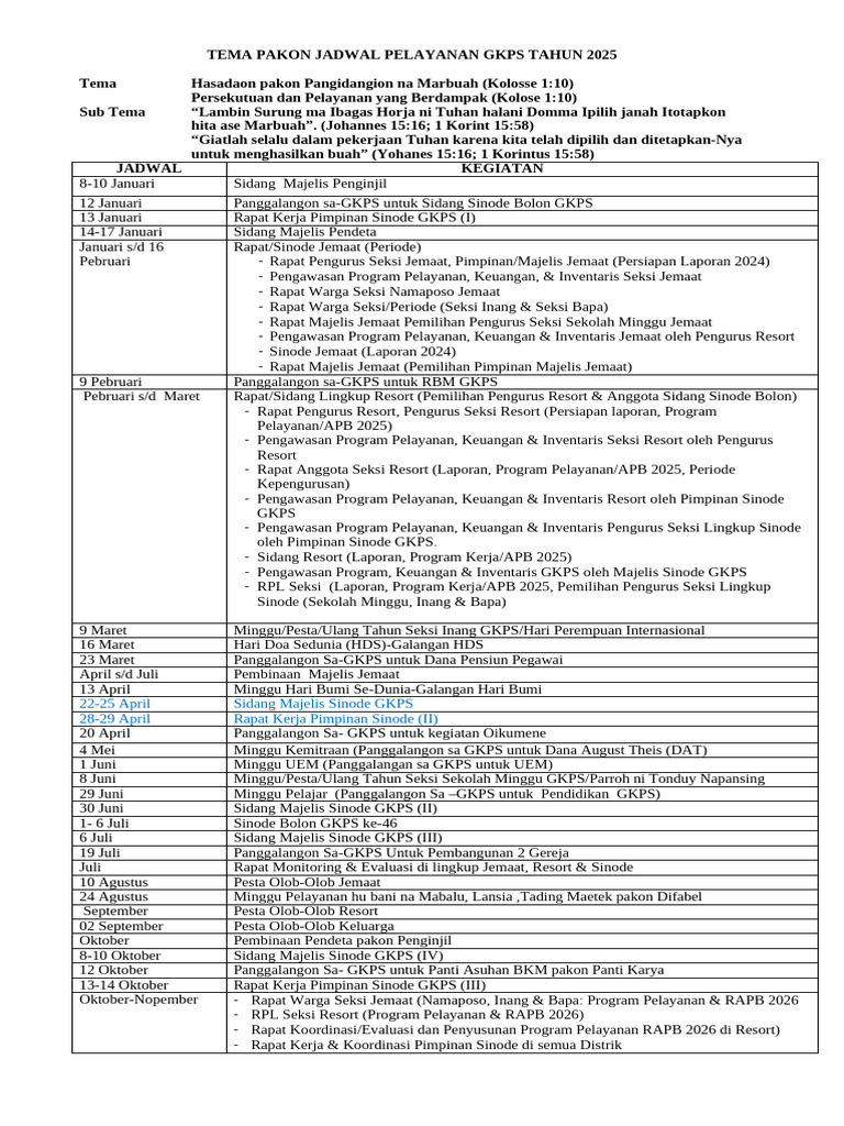 Tema Pakon Jadwal Pelayanan Gkps Tahun 2025 | PDF | Sains & Matematika