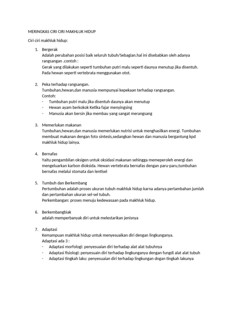 MERINGKAS CIRI CIRI MAKHLUK HIDUP - Docx Hanun | PDF
