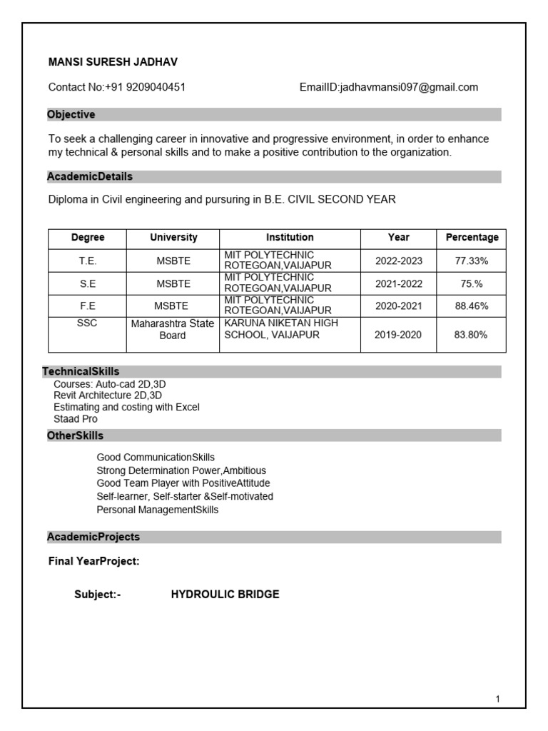 Mansi Jadhav Resume-1 | PDF | Bridge