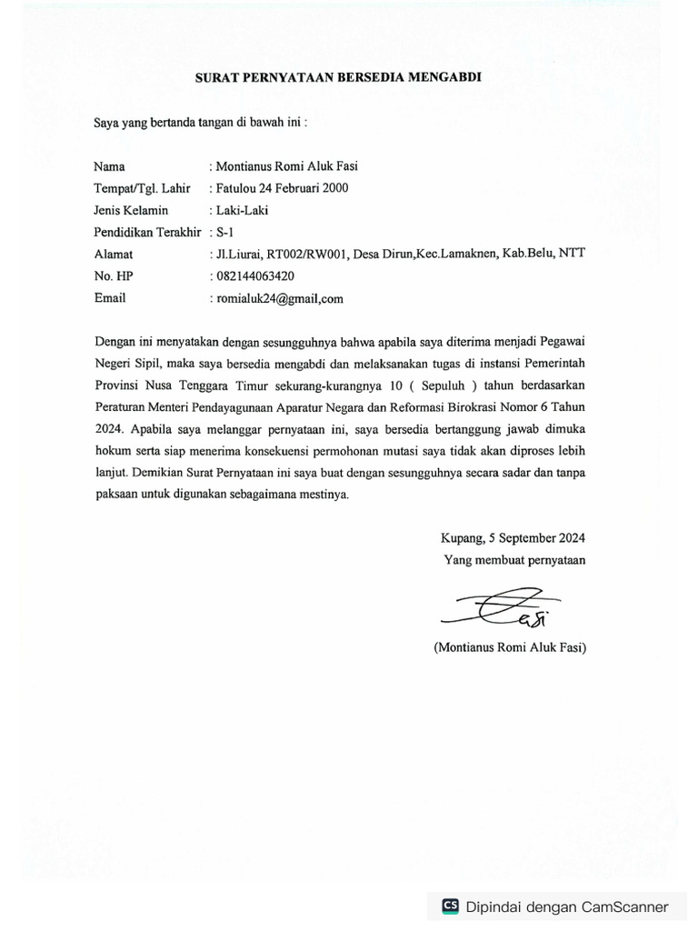 Surat Pernyataan Bersedia Mengabdi | PDF