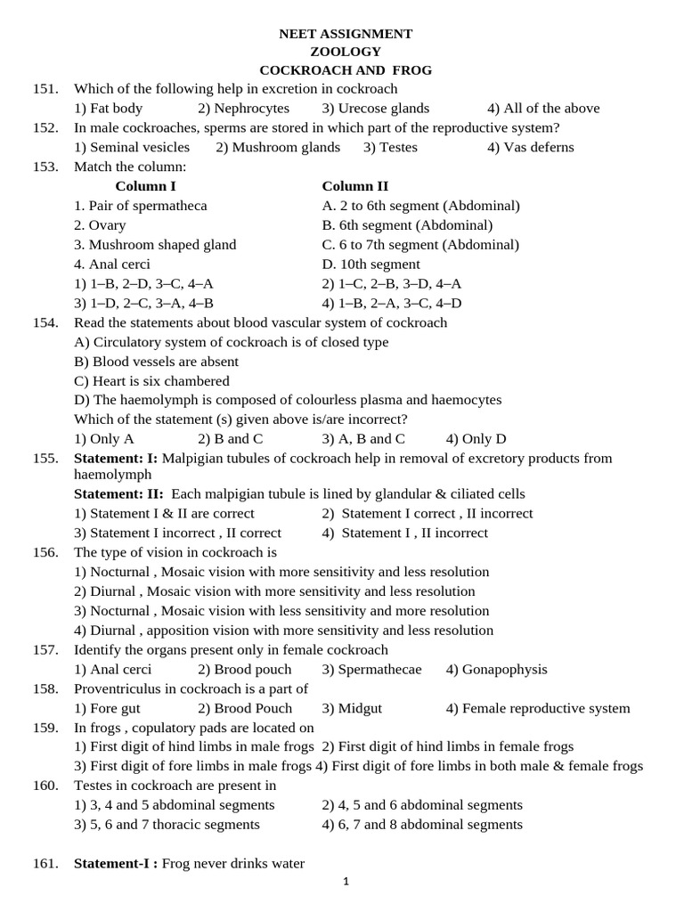 Zoology - Cockroach - QP | PDF | Frog | Anatomy
