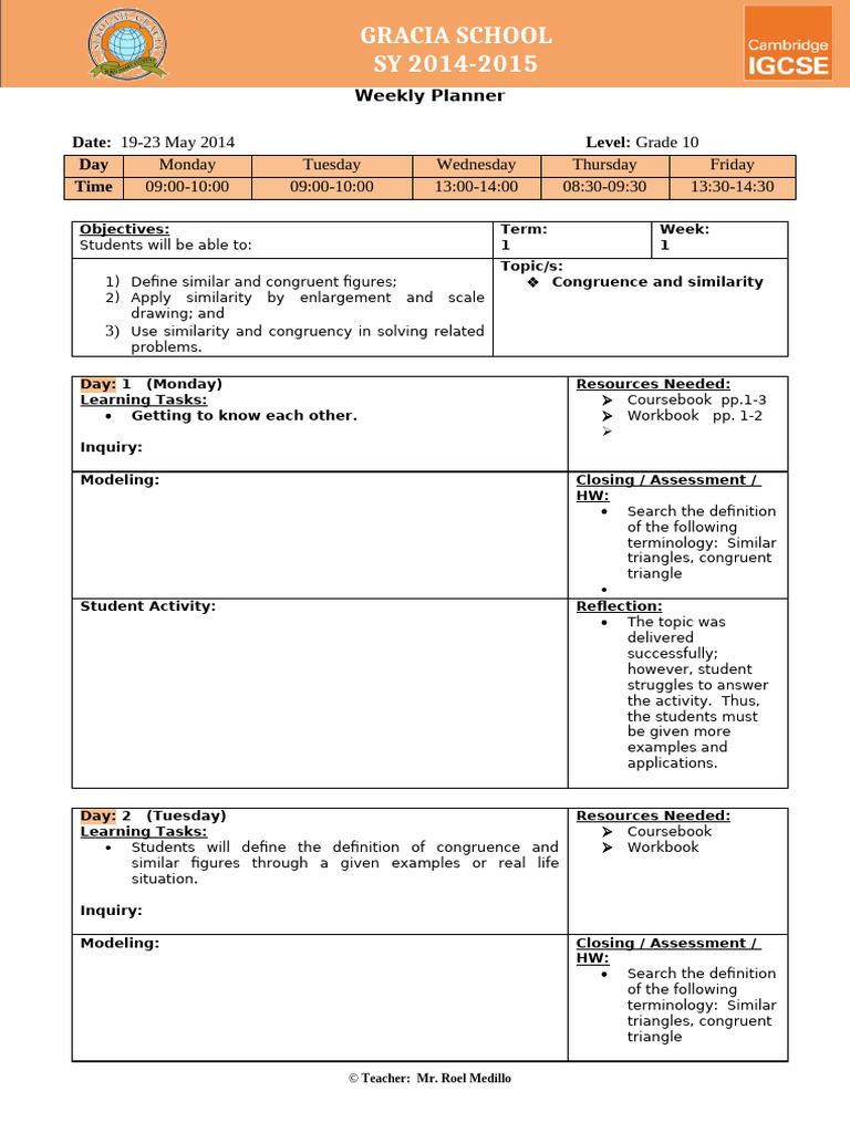 WeeklyPlanG10Week1 - IGCSE Mathematics | PDF