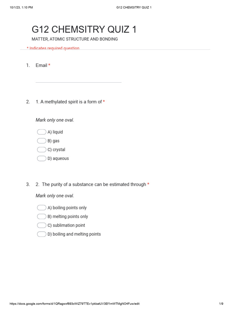 G12 Chemistry Quiz 1 Overview | PDF | Chemical Bond | Chemistry