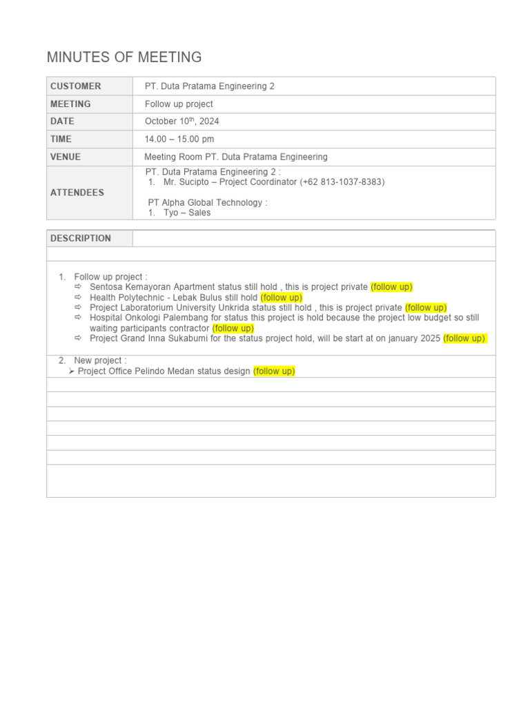 Meeting Minutes: PT Duta Pratama Projects | PDF