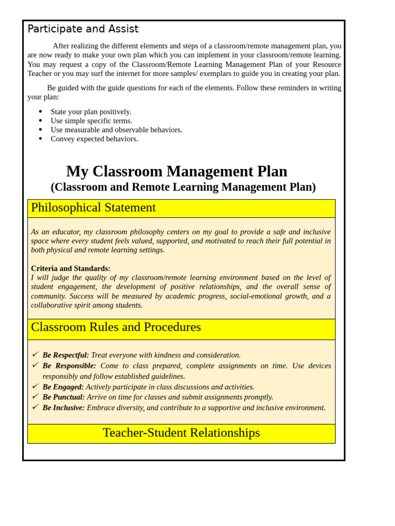 Classroom Management Plan | PDF | Classroom Management | Learning