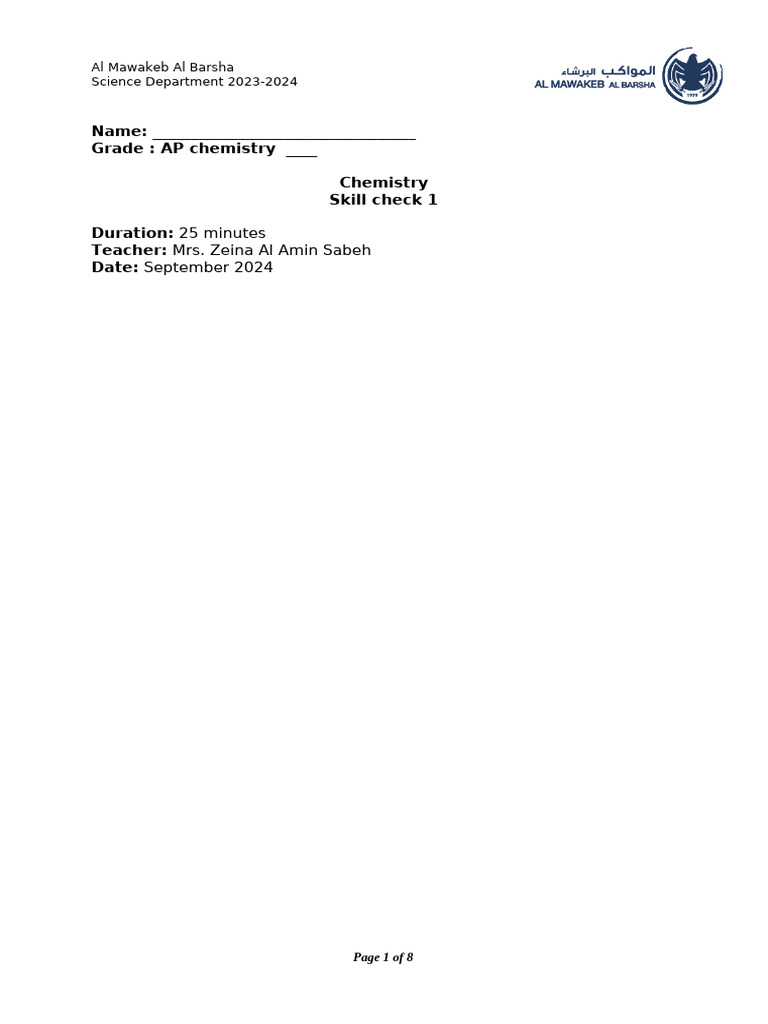 AP Chemistry Skill Check 2023-2024 | PDF | Chemical Elements | Energy Level