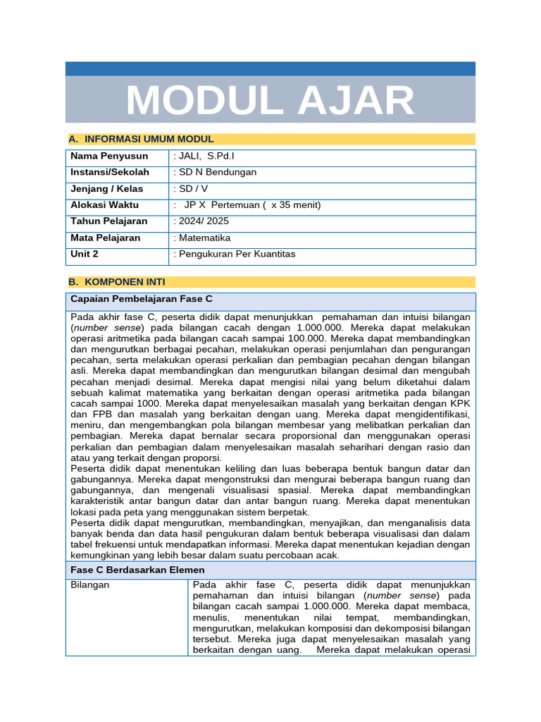 Modul Ajar MTK Kelas 5 - BAB 2 | PDF | Metode & Bahan Ajar