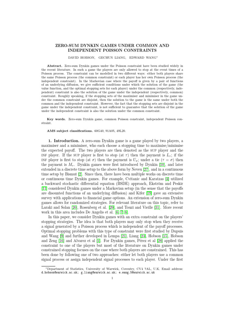 Zero-Sum Dynkin Games Under Common and Independent Poisson Constraints ...