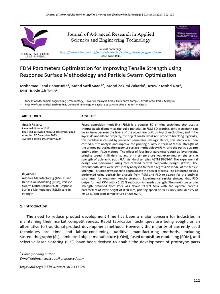 FDM Parameters Optimization For Improving Tensile Strength Using Response Surface Methodology ...