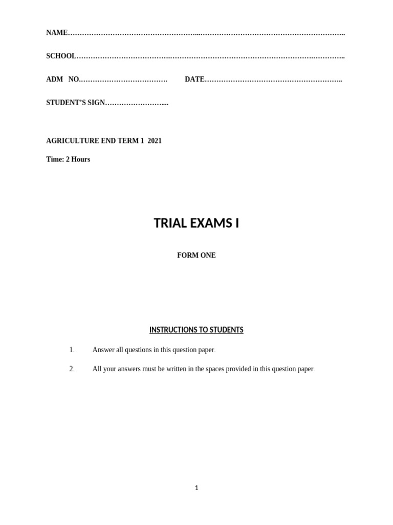 Agriculture Form 1 End Term 1 Exam 2021 Teacher - Co - .Ke | PDF ...