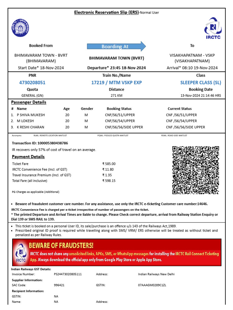MTM VSKP Exp Sleeper Class (SL) : Electronic Reserva On Slip (ERS ...