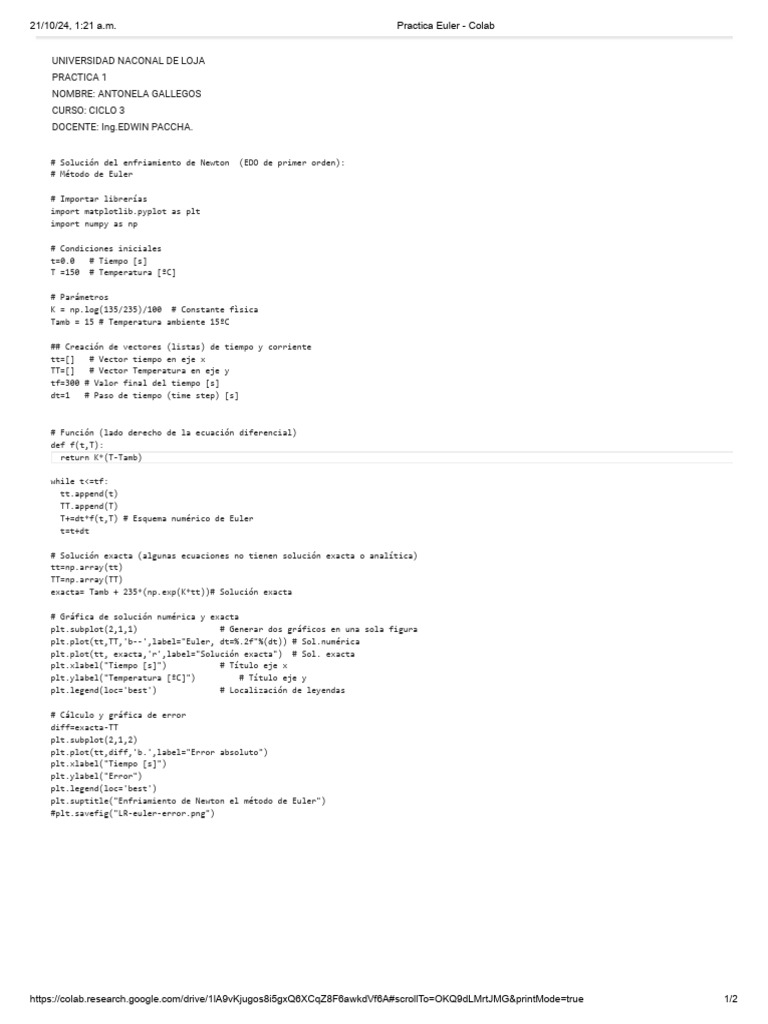 Gallegos - Antonela - Practica Euler - Colab | PDF | Métodos y materiales de enseñanza