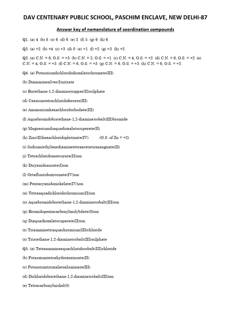 Answer Key of Nomenclature of Coordination Compounds | PDF | Materials | Chemical Compounds