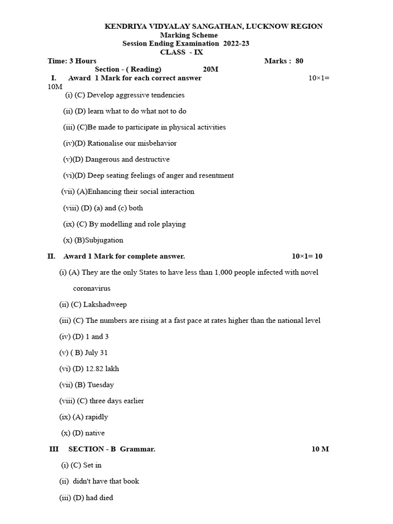 Class - IX English Marking Scheme 2022-23 | PDF | Teachers | Expert