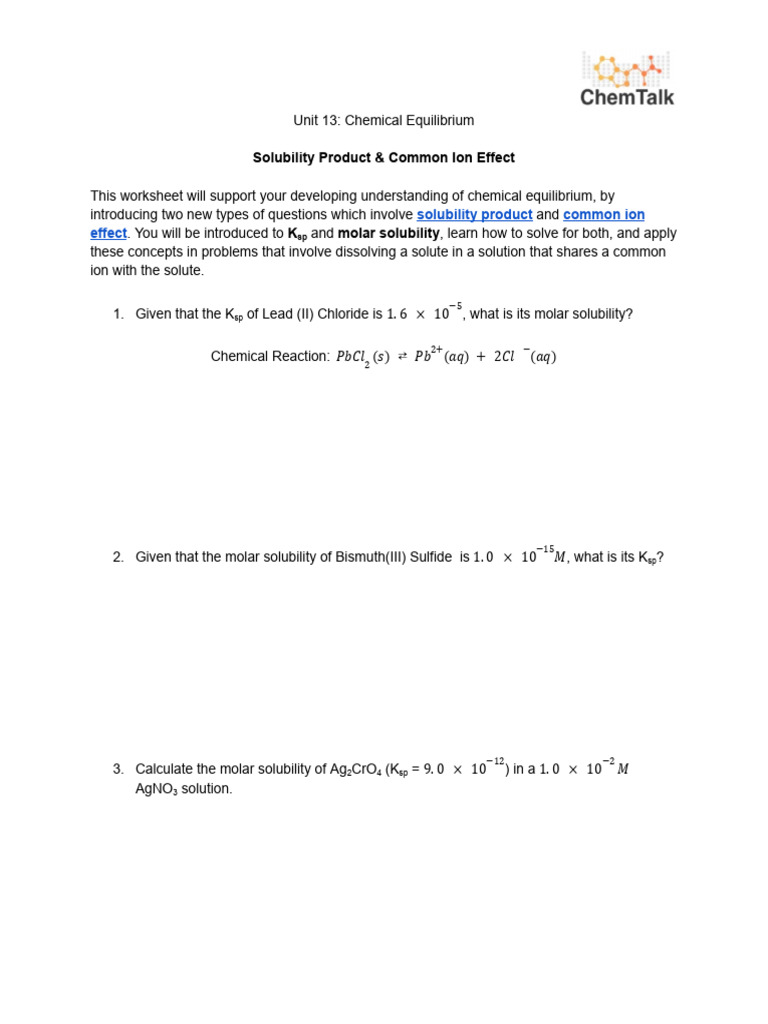 Common Ion Effect & Ksp Calculations | PDF | Solubility | Chemical ...